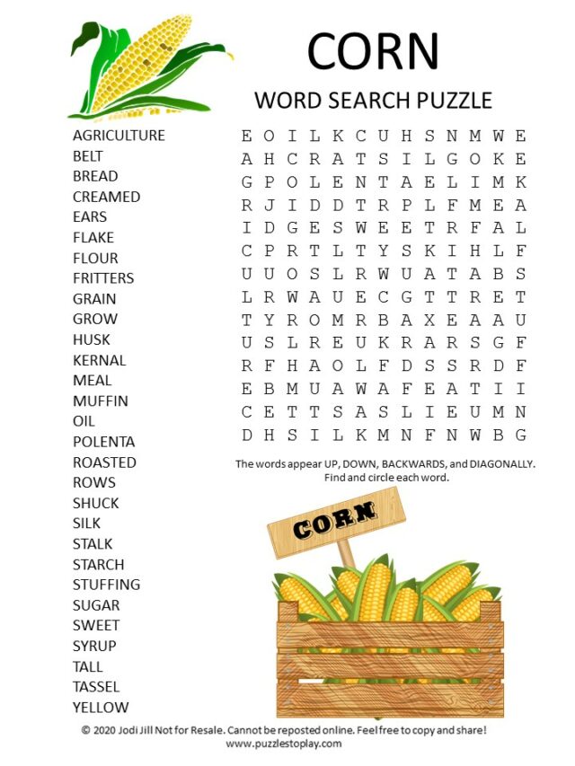 Corn Word Search Puzzle Puzzles To Play