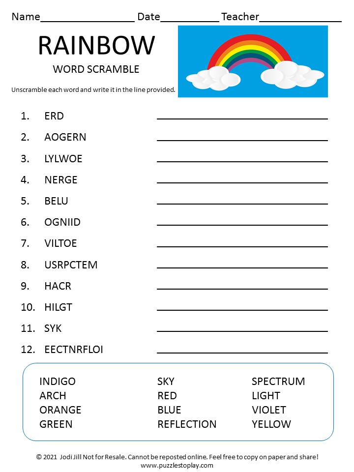 Rainbow Word Scramble For Kids Puzzles To Play